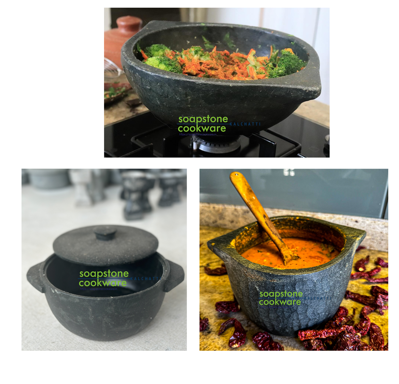 Soapstone Cooking Collections Kalchatti,Kadai, Pot with Lid 0.6-3.5Lit ...